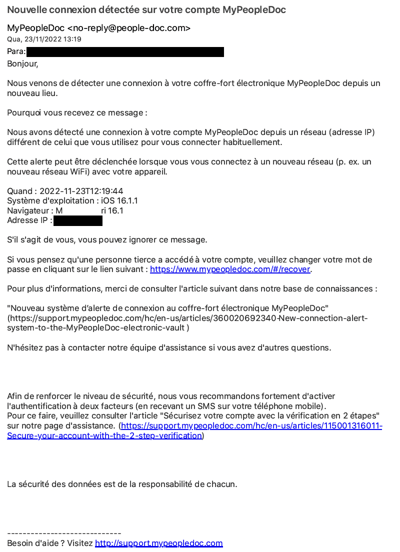 Alerts about unrecognized logins to the UKG Employee Vault (MyPeopleDoc)
